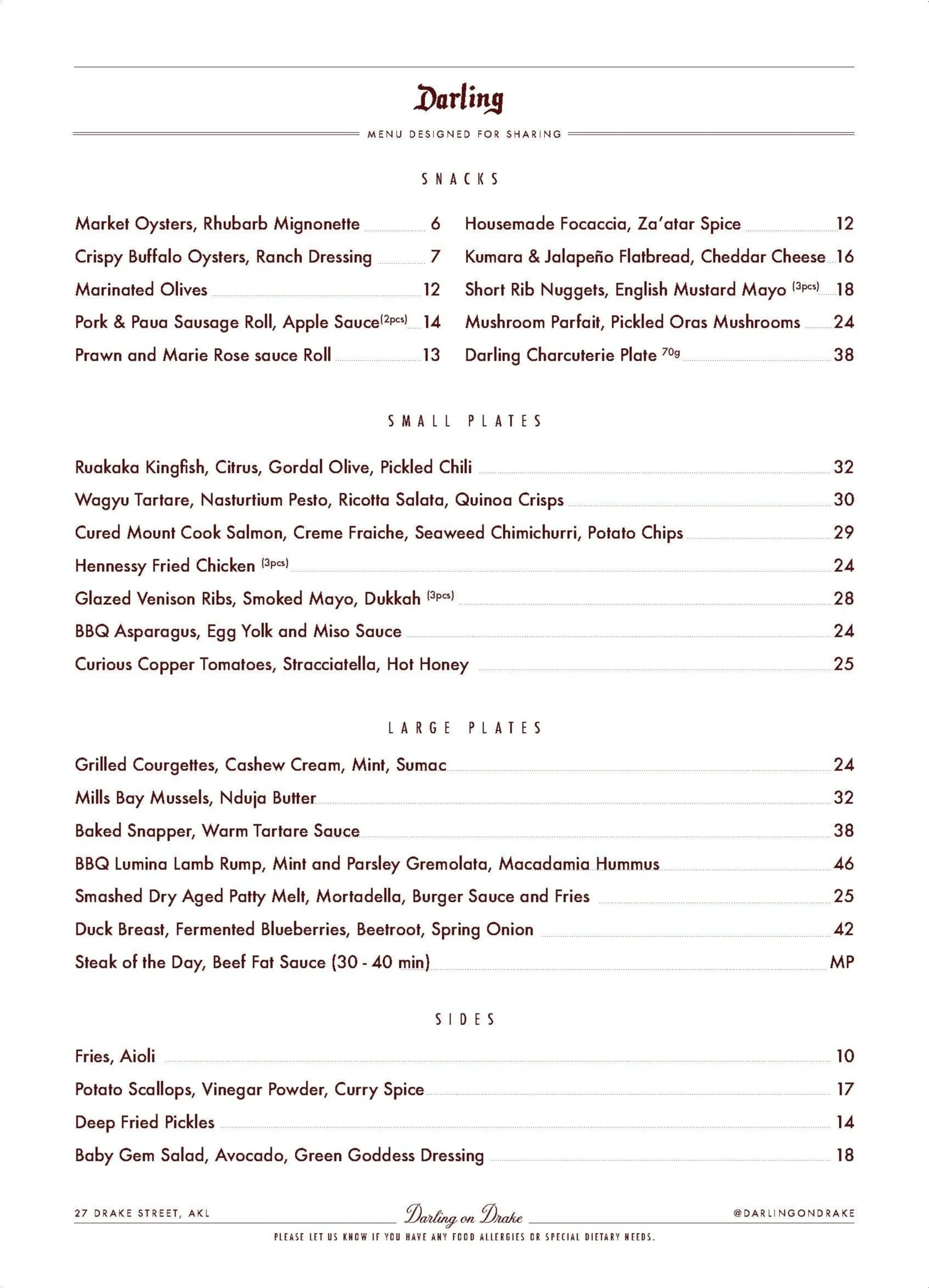 MENUS — Darling on Drake