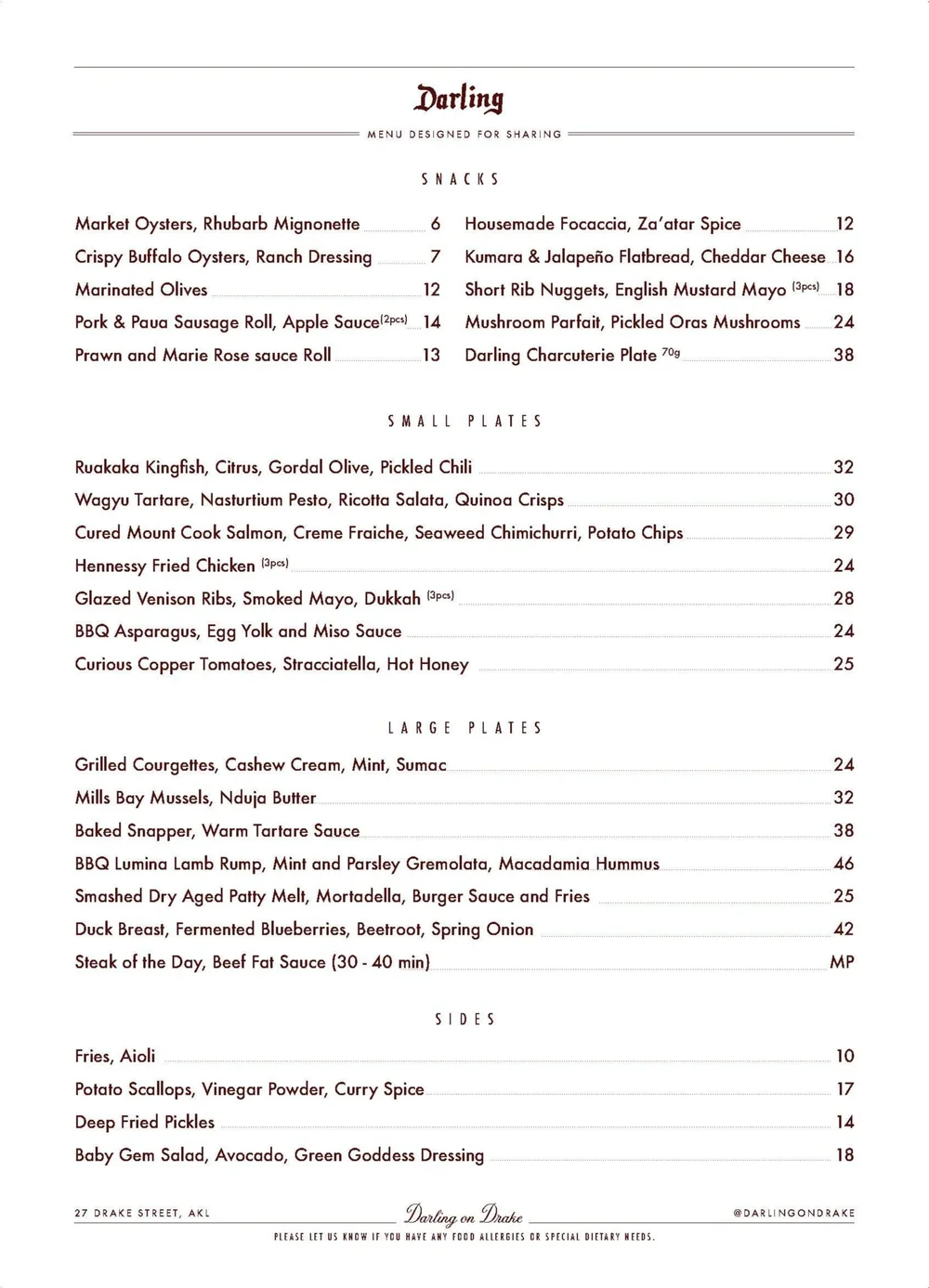 MENUS — Darling on Drake