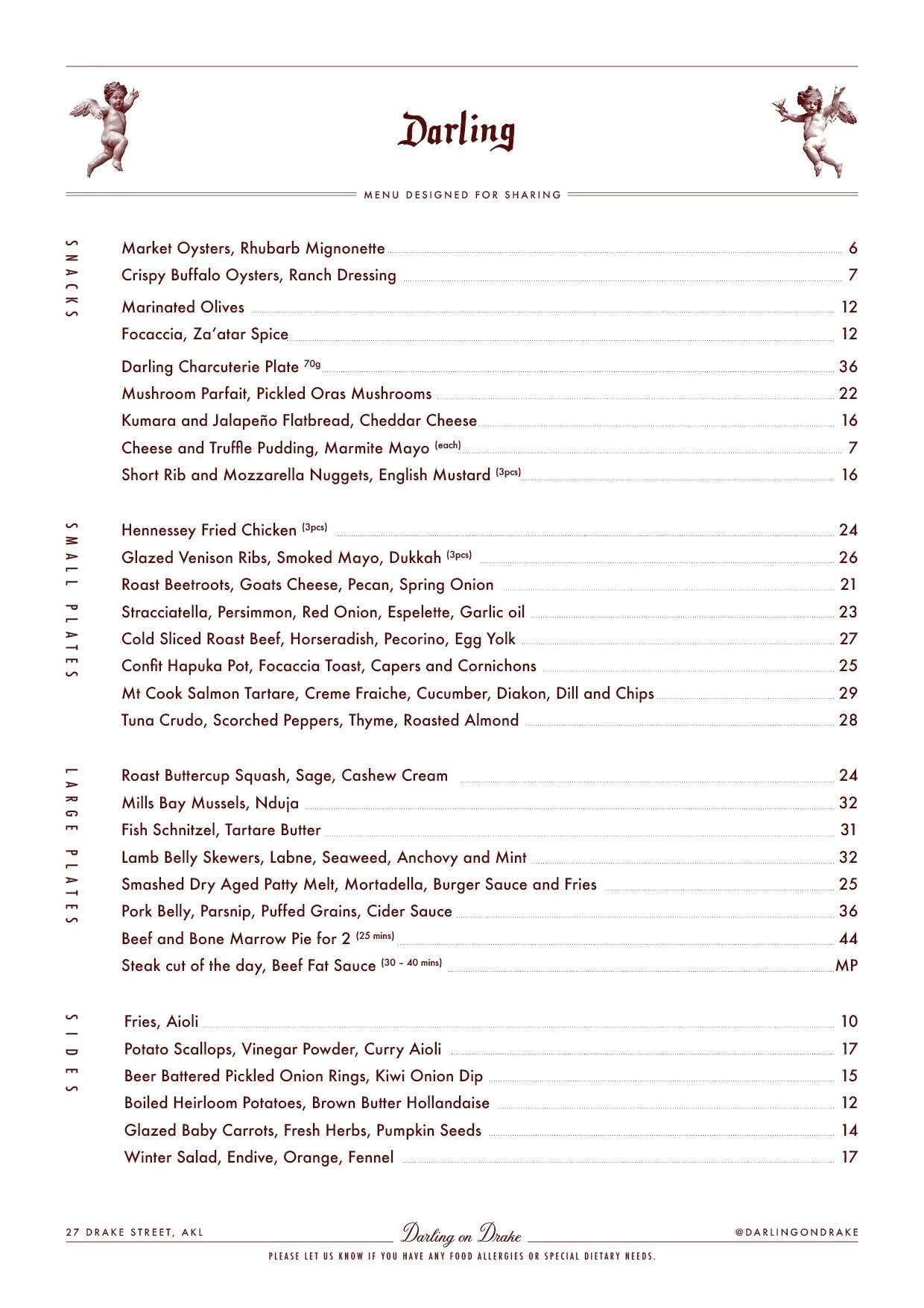 MENUS — Darling on Drake