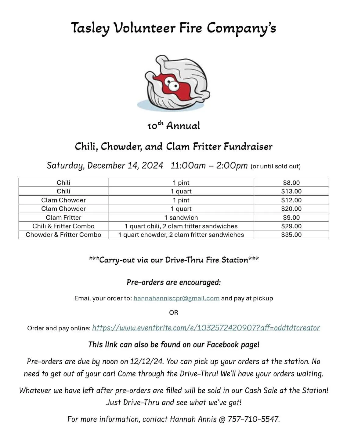 Tasley Volunteer Fire Company's 10th annual chili, chowder, and clam ...