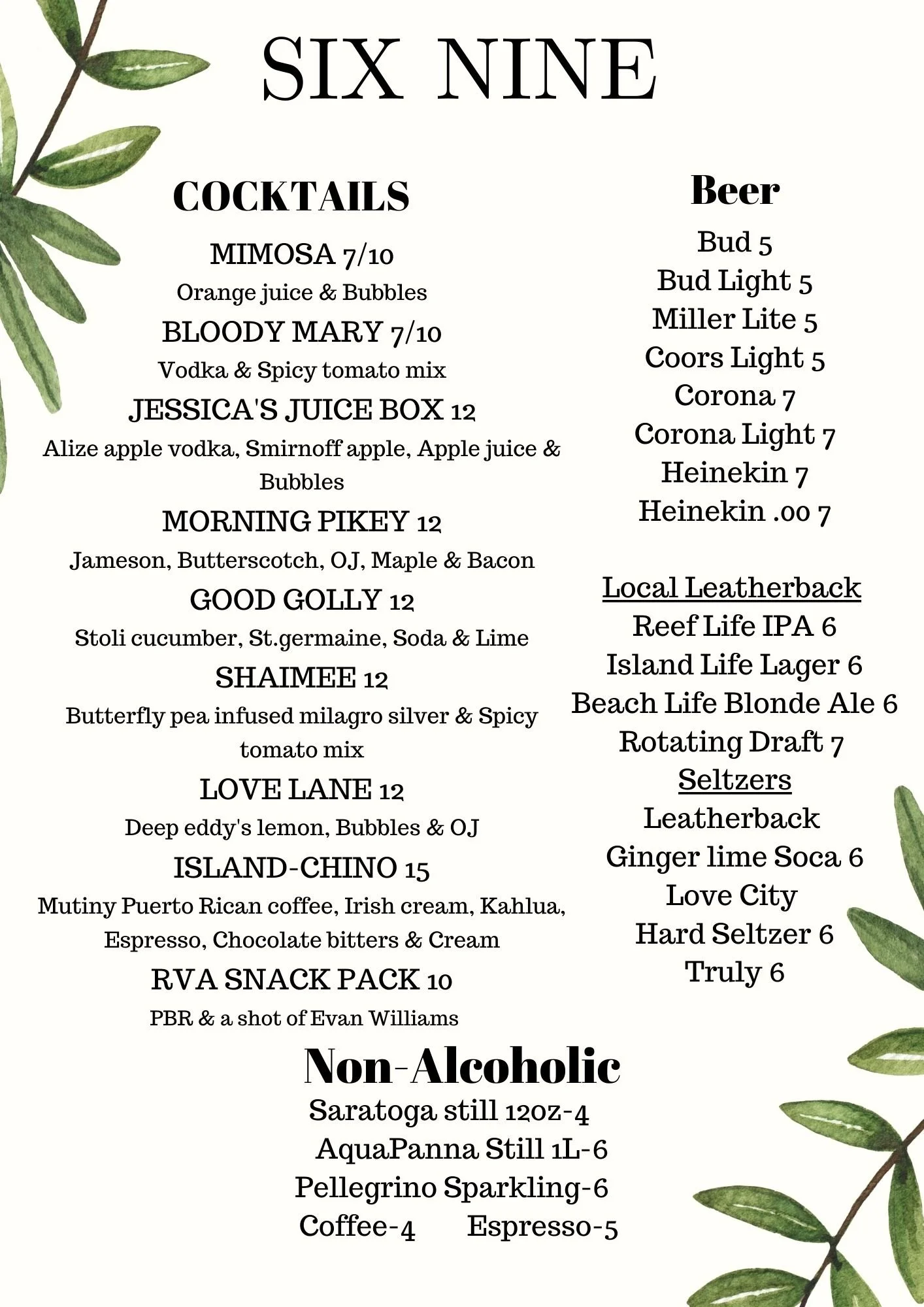 Menu — Six Nine Restaurant & Bar