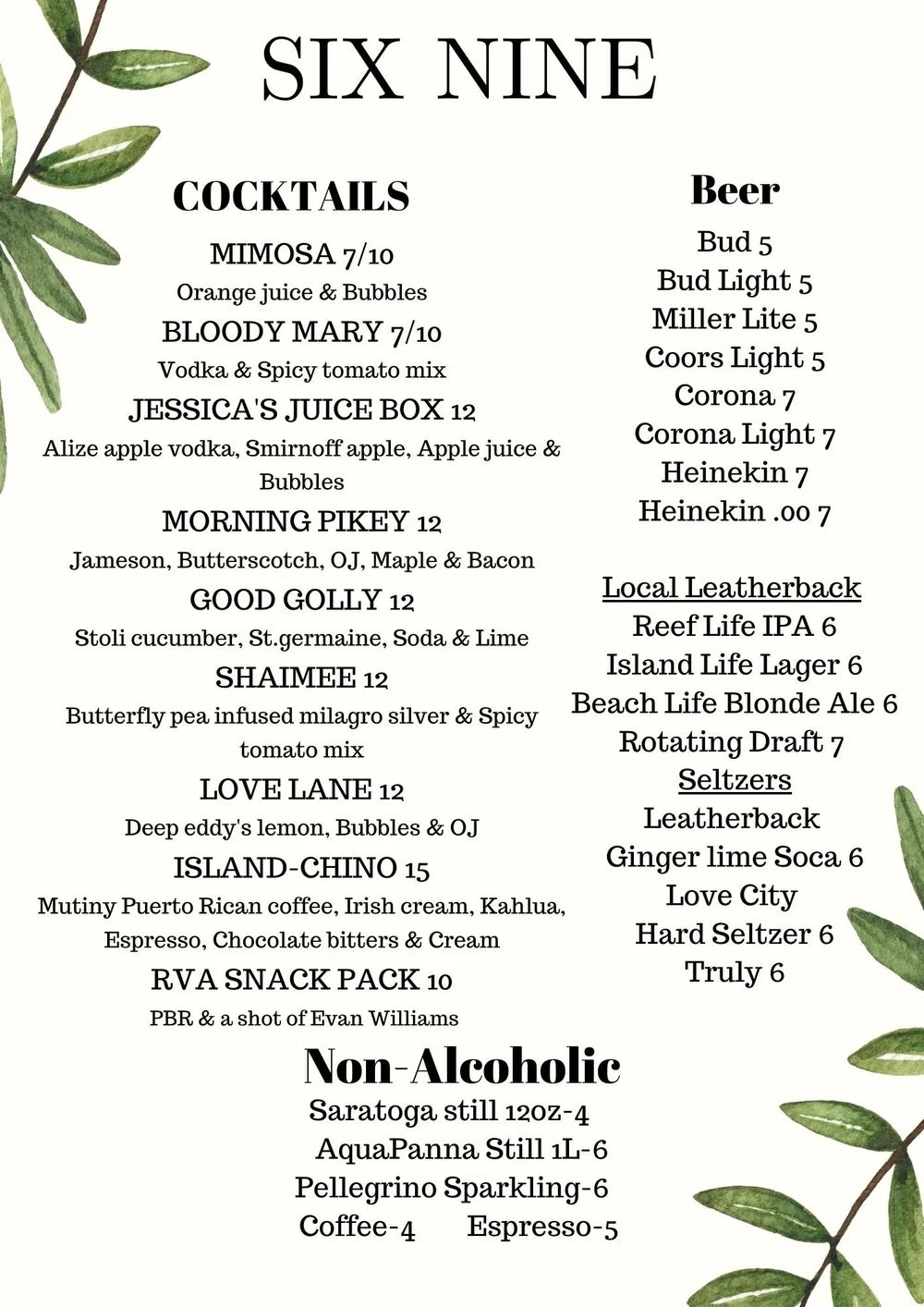 Menu — Six Nine Restaurant & Bar