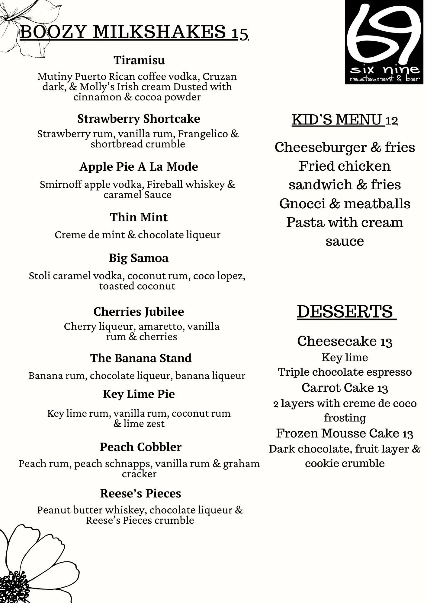 Menu — Six Nine Restaurant & Bar
