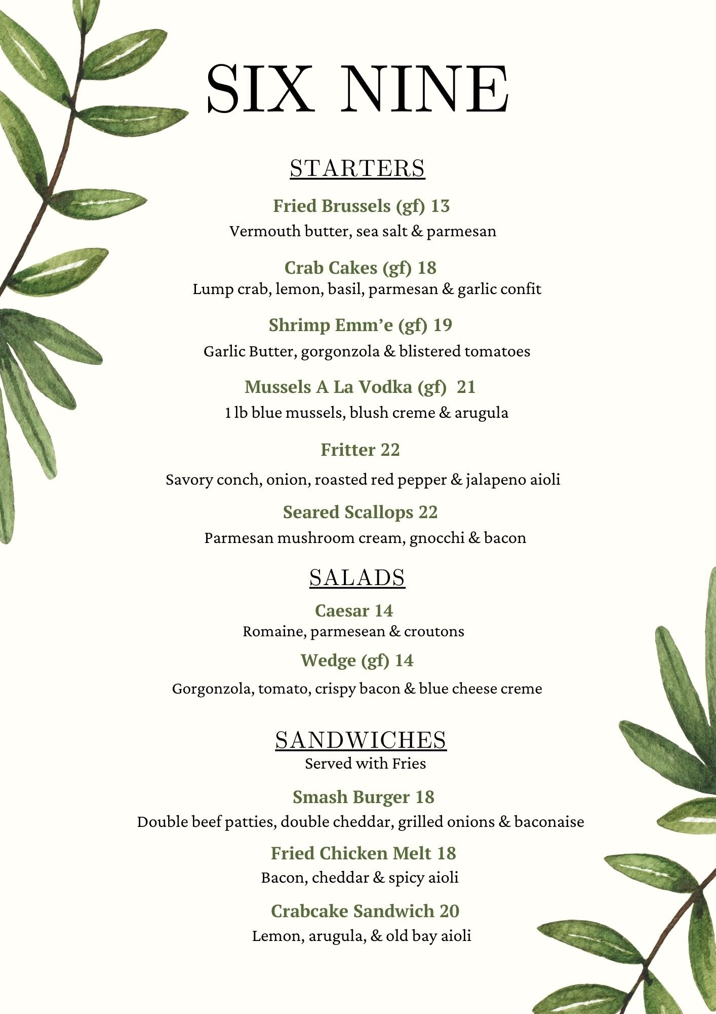 Menu — Six Nine Restaurant & Bar