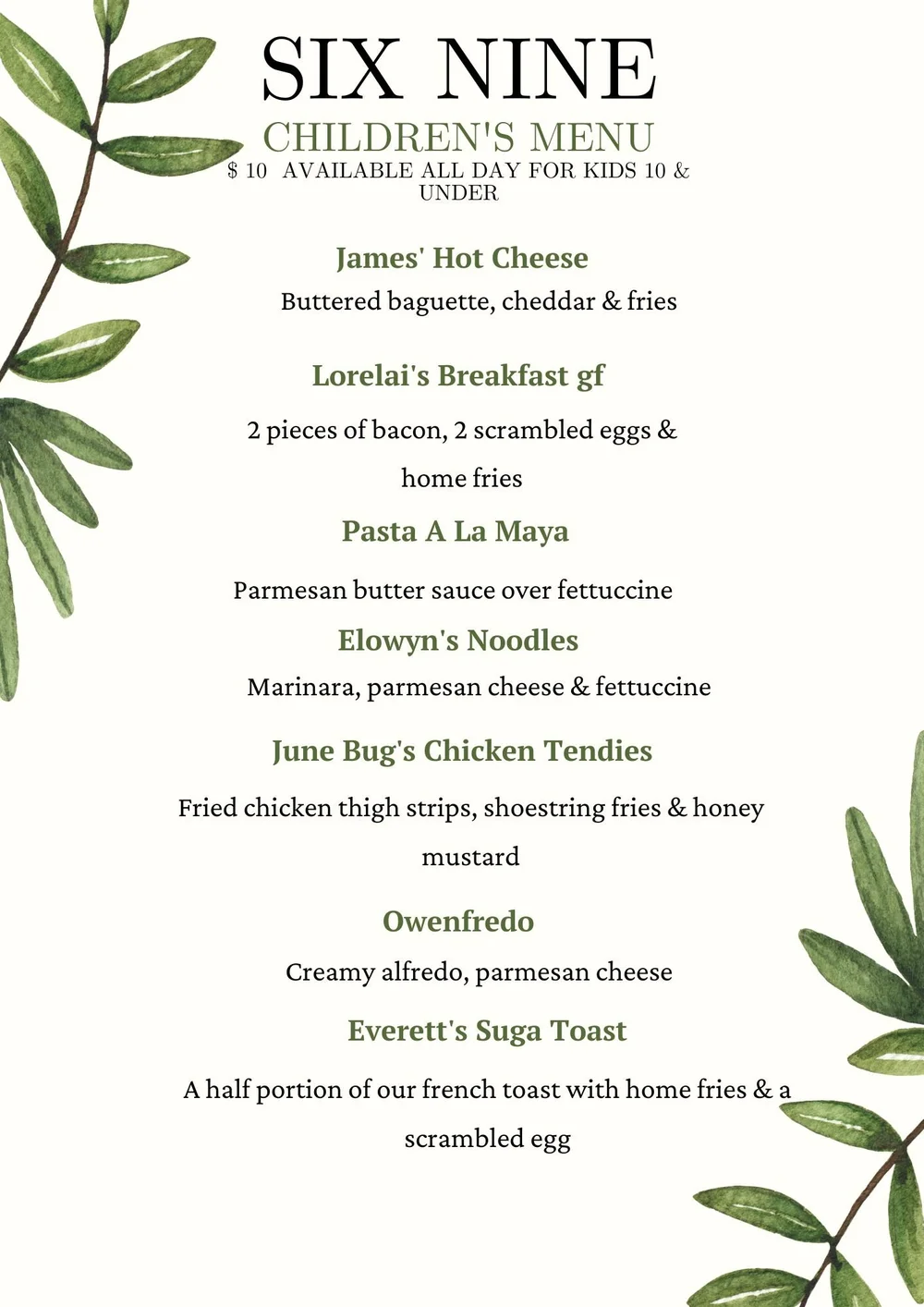 Menu — Six Nine Restaurant & Bar