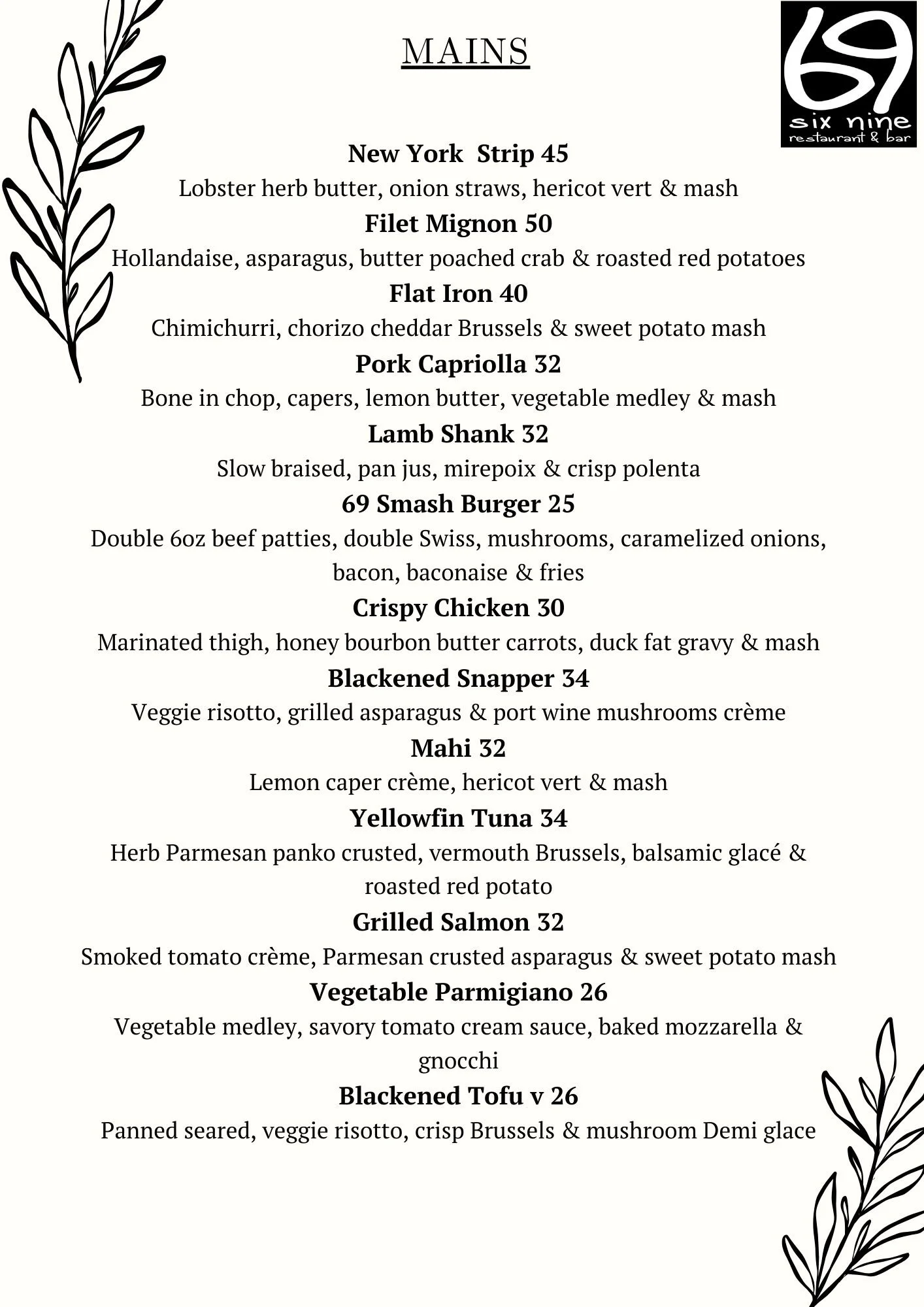 Menu — Six Nine Restaurant & Bar