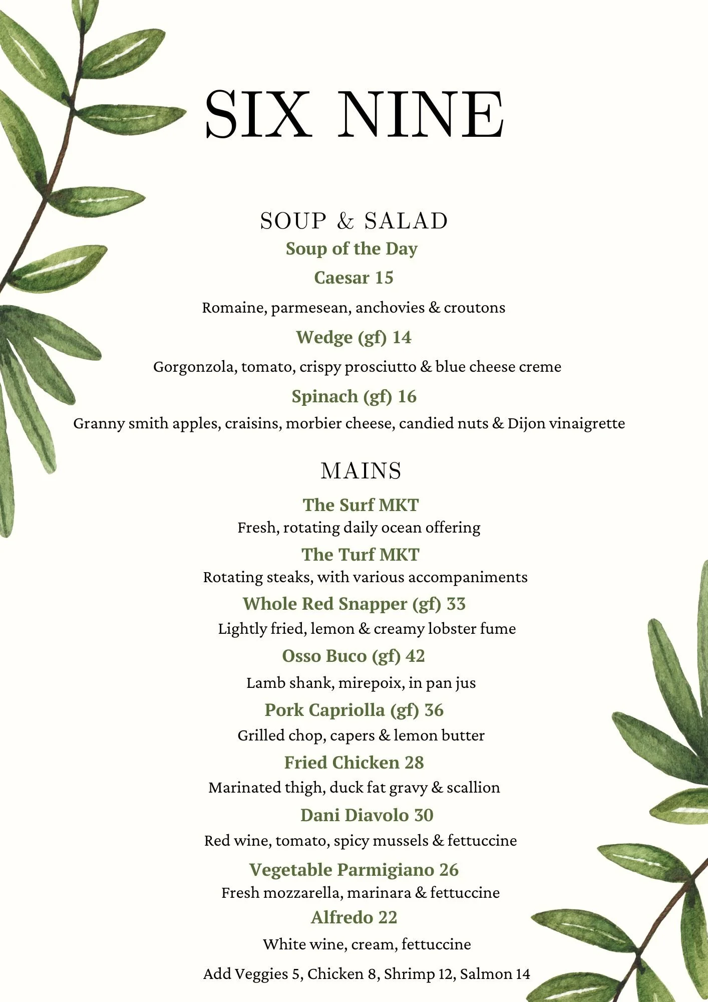 Menu — Six Nine Restaurant & Bar
