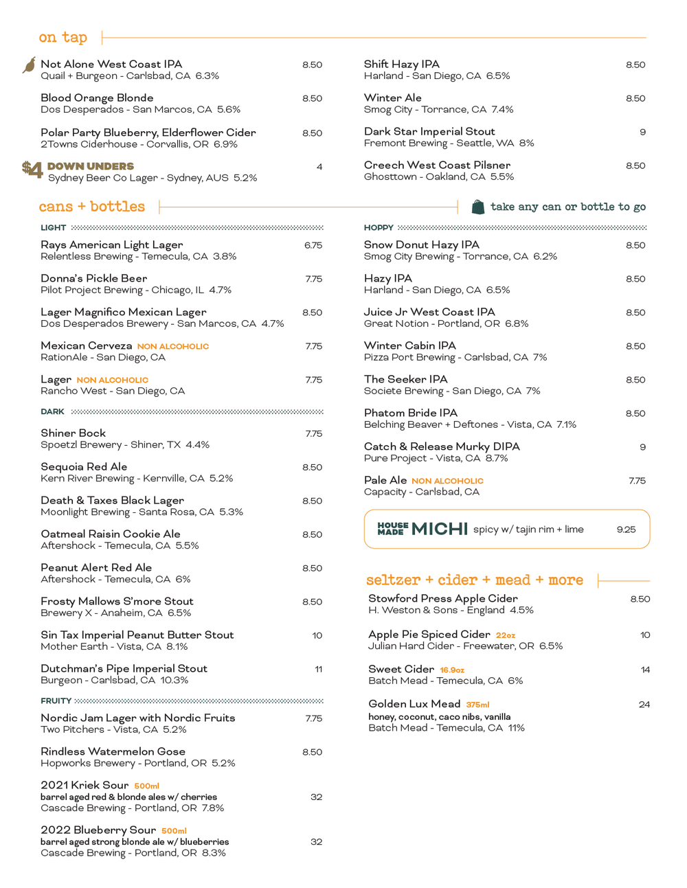 Our Menu - the latest Beer, Wine and Bites at Quail — Quail - beer ...