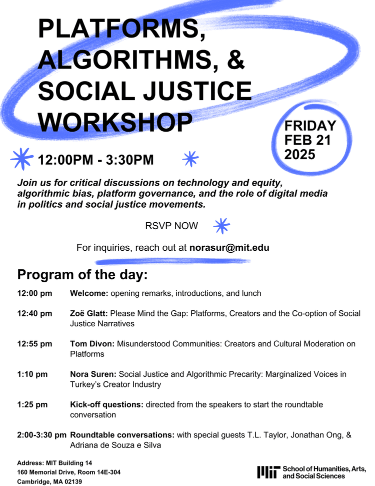 PLATFORMS, ALGORITHMS, & SOCIAL JUSTICE WORKSHOP — nora suren