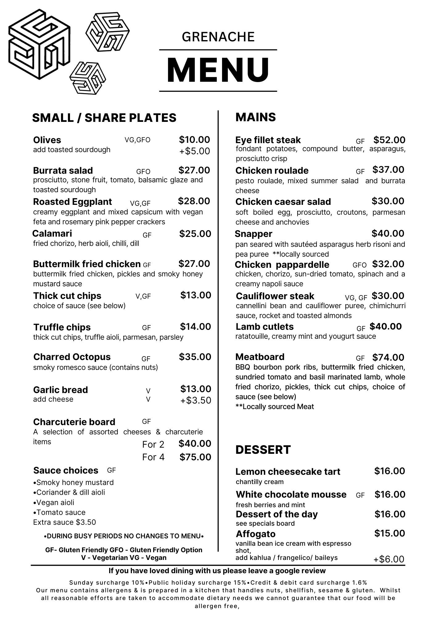 Menu — Grenache Bar and Restaurant