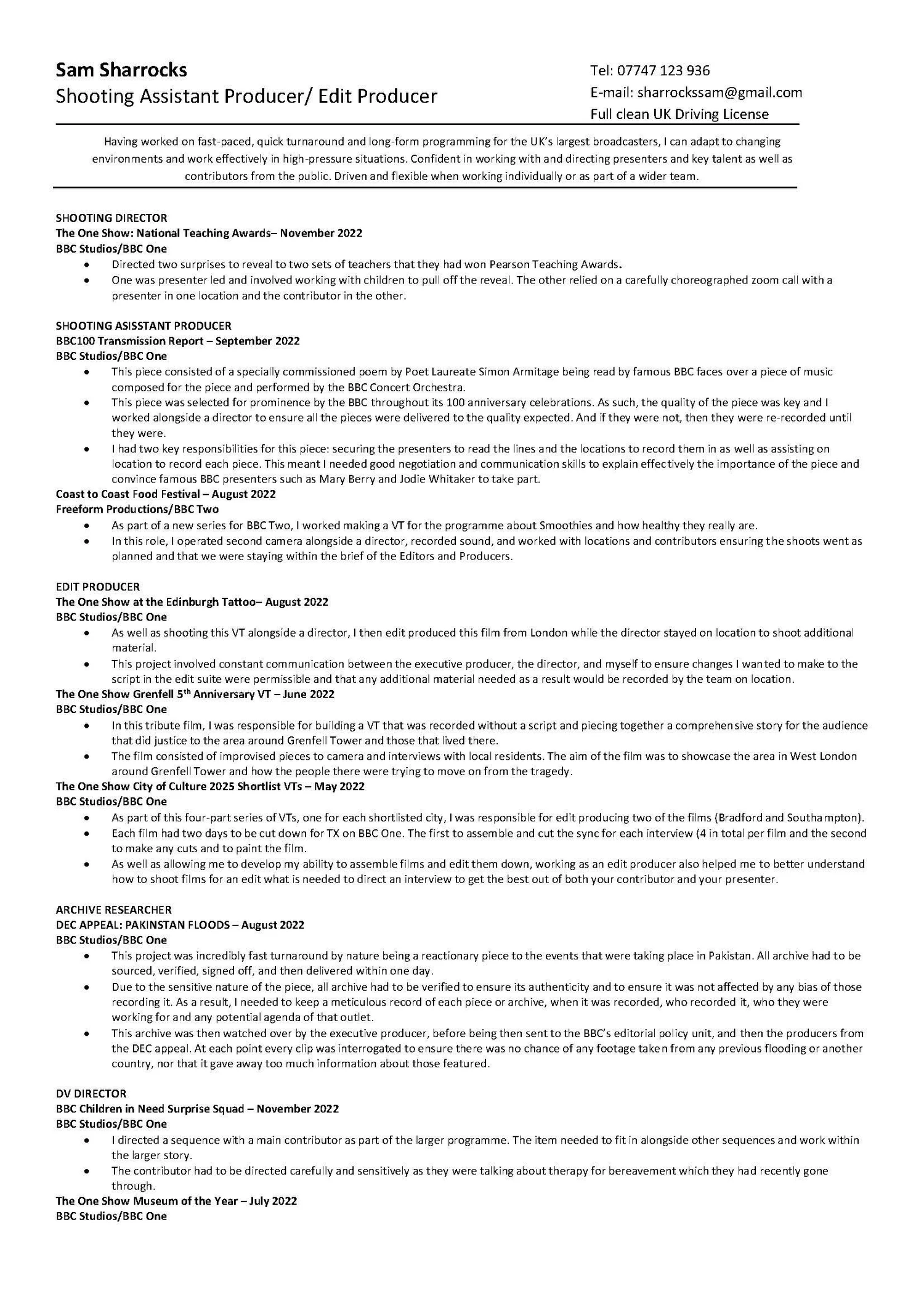 CV — Sam Sharrocks