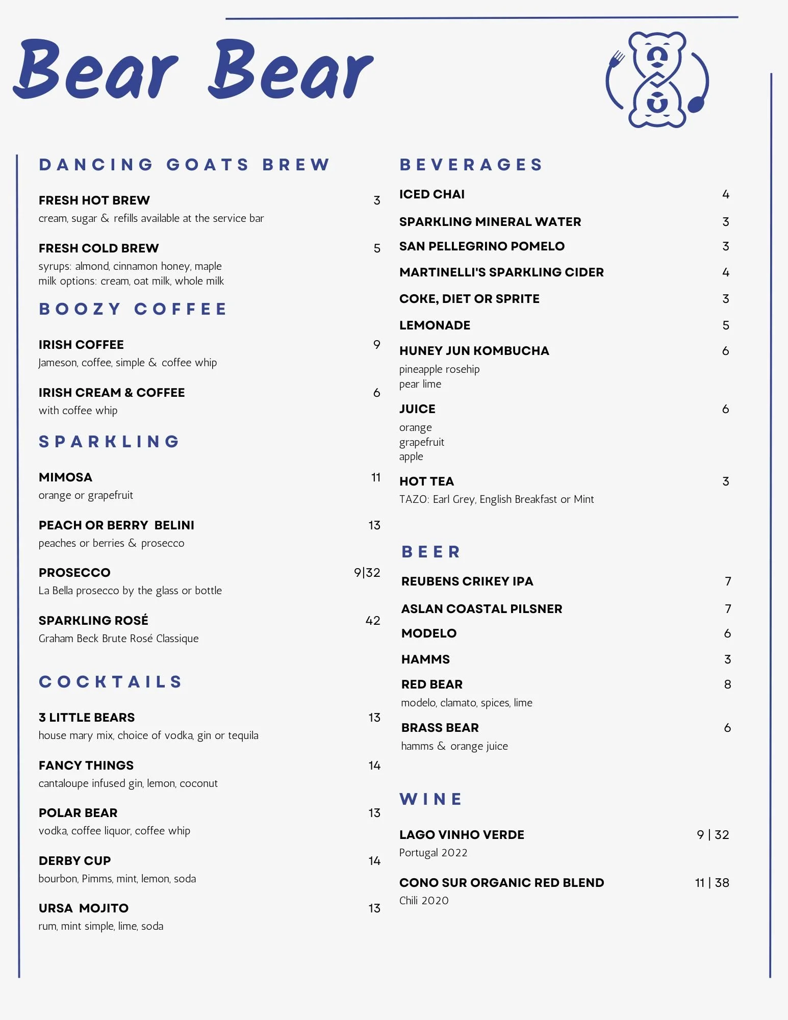Menu — Bear Bear