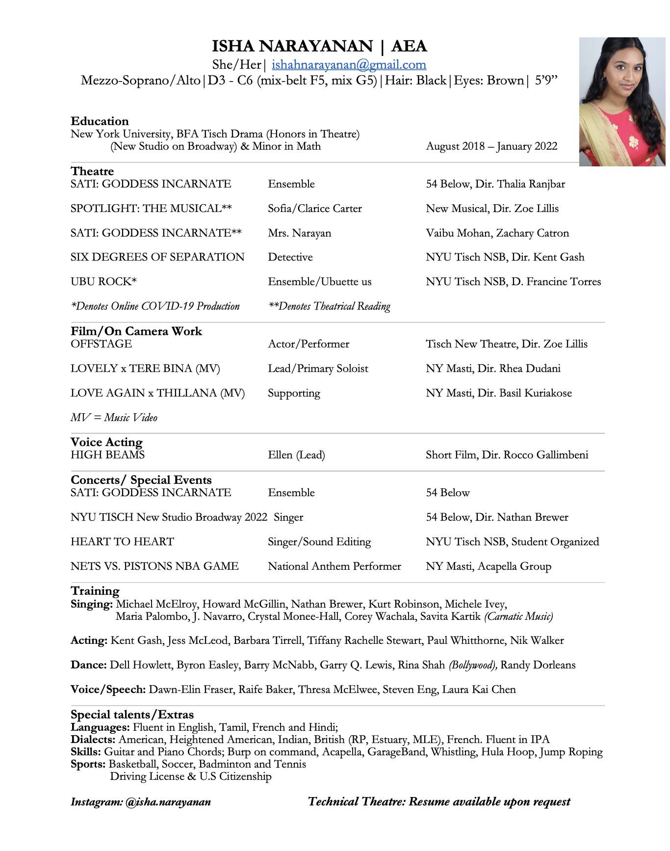 Headshot & Resume — isha narayanan