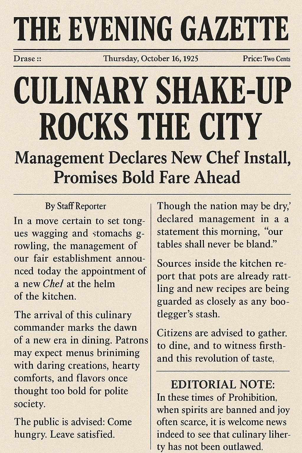 Menu — Volstead's Emporium