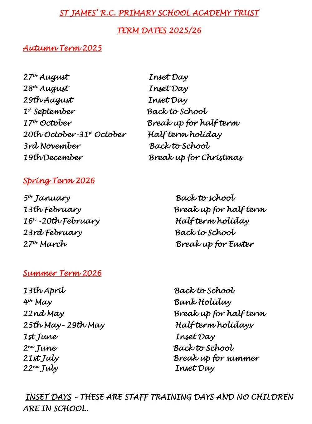 Term Dates — St James' RC Primary School