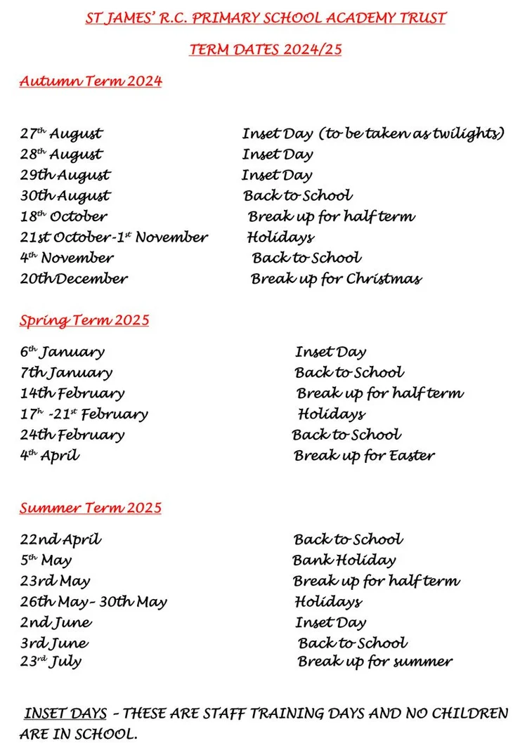 Term Dates — St James' RC Primary School