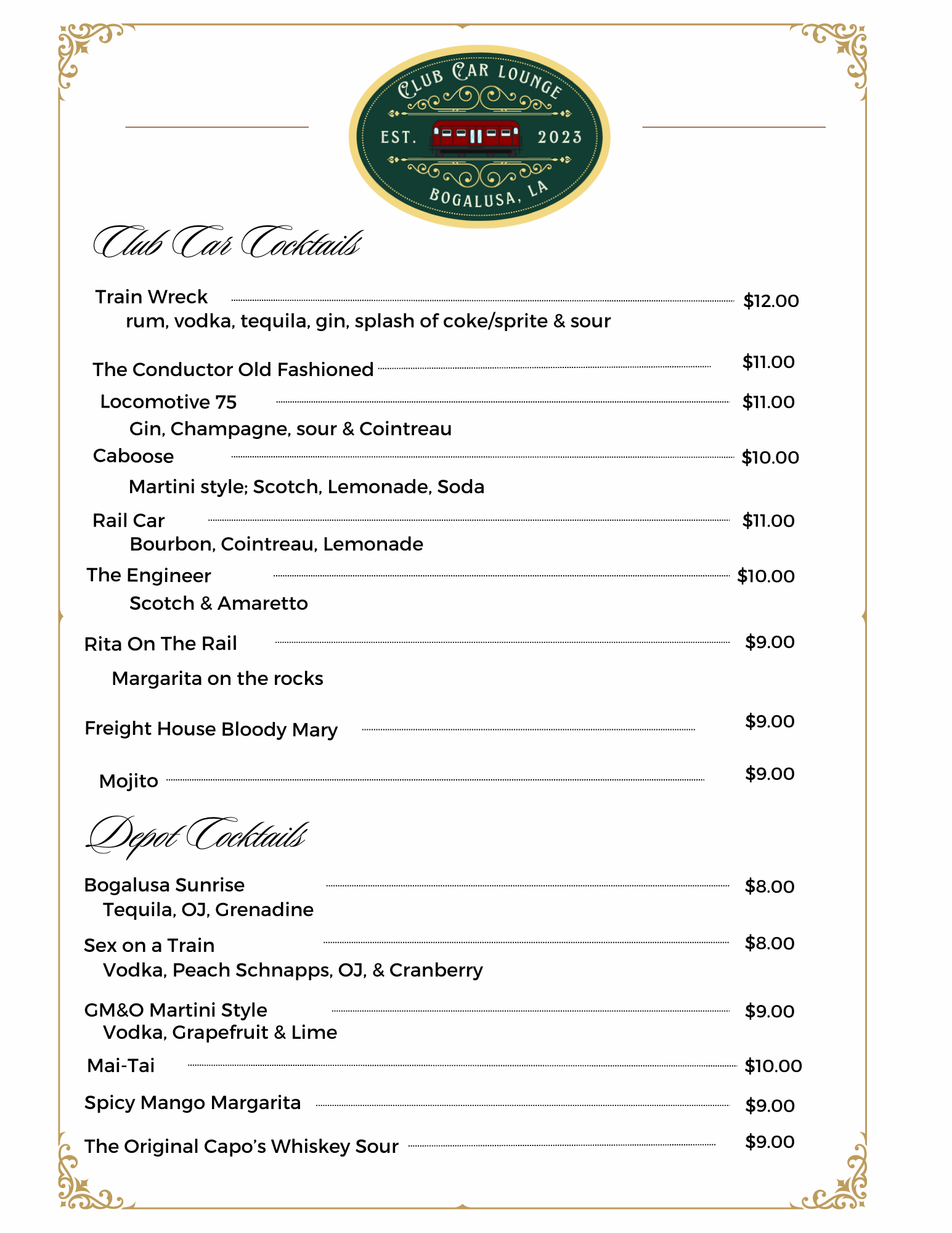 Cocktail Menu — Club Car Lounge