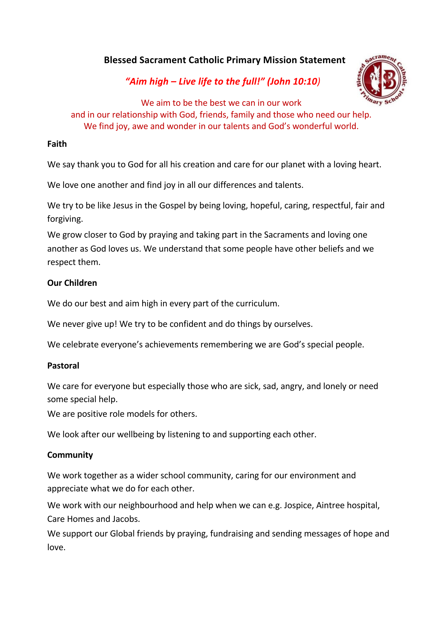 Our Mission Statement — Blessed Sacrament Catholic Primary School