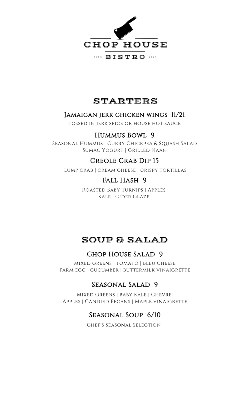 Dinner Menu — Chop House Bistro