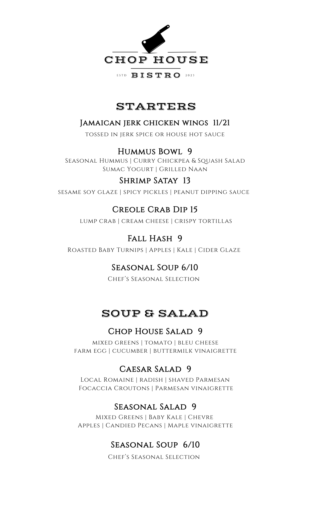 Dinner Menu — Chop House Bistro