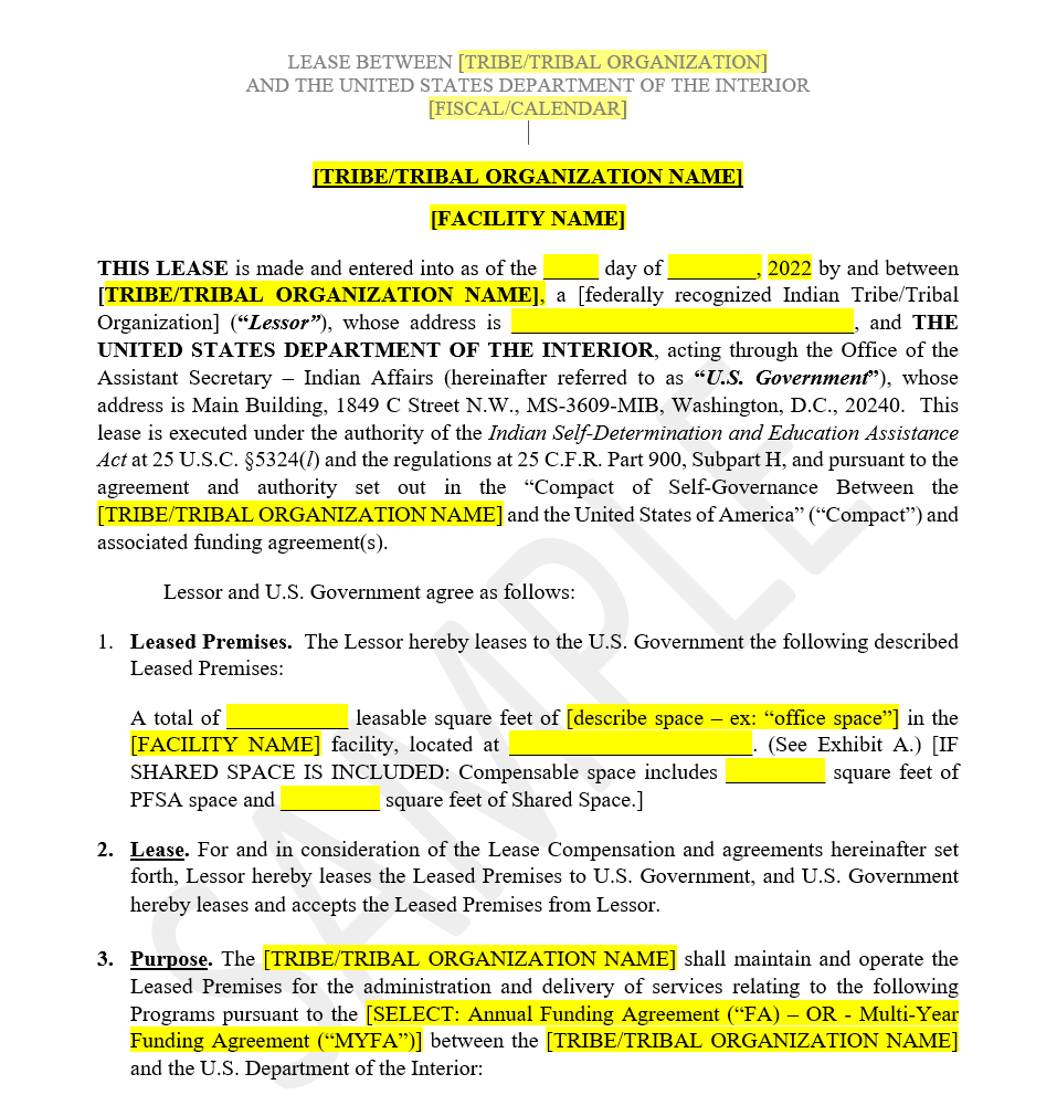 Cost reimbursement for Tribal Infrastructure; 105(l) Lease Program ...