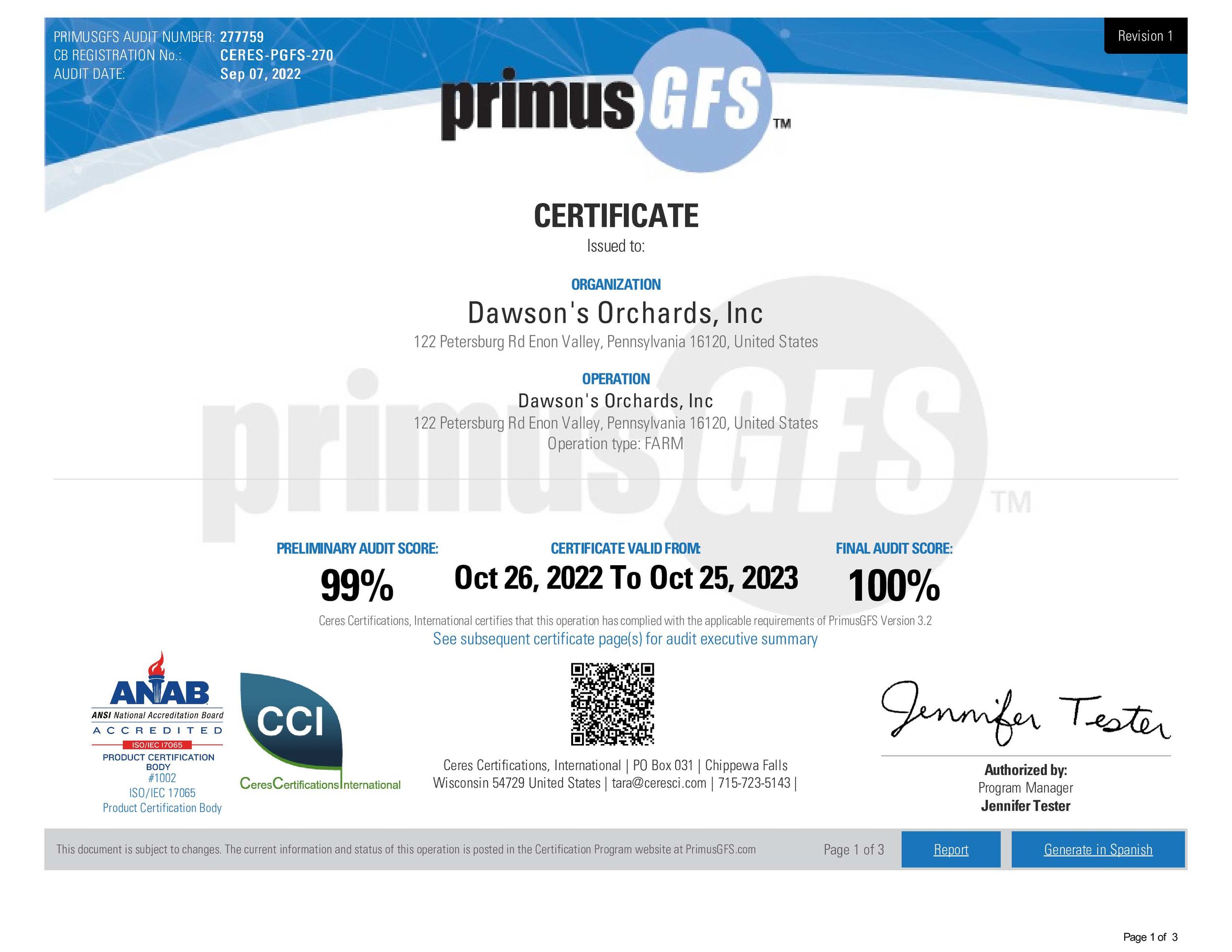 Certifications — Dawson's Orchards, Inc.