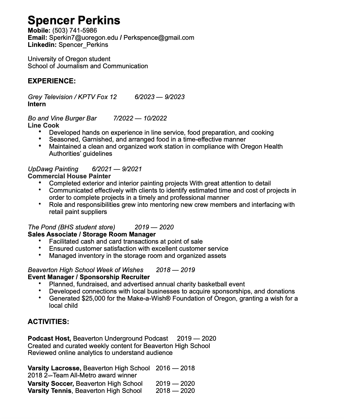 Resume — Spencer Perkins • Writer