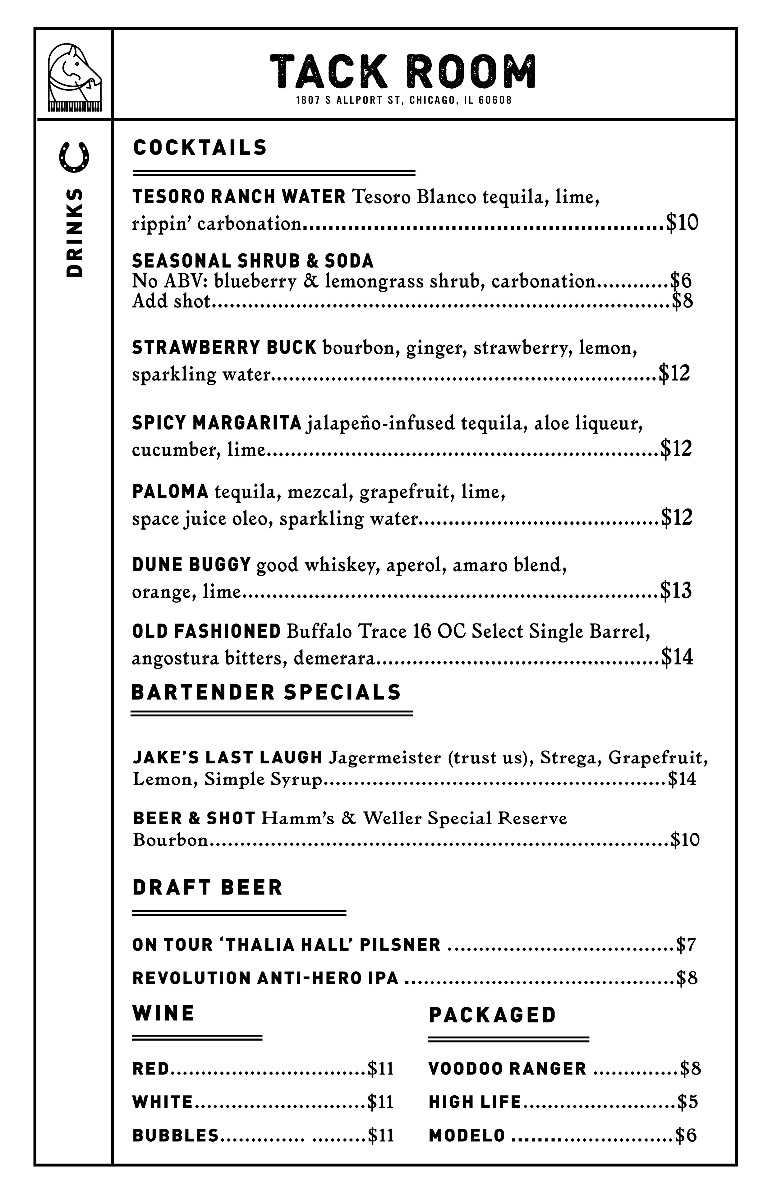 Tack Room Cocktail Menu — Tack Room