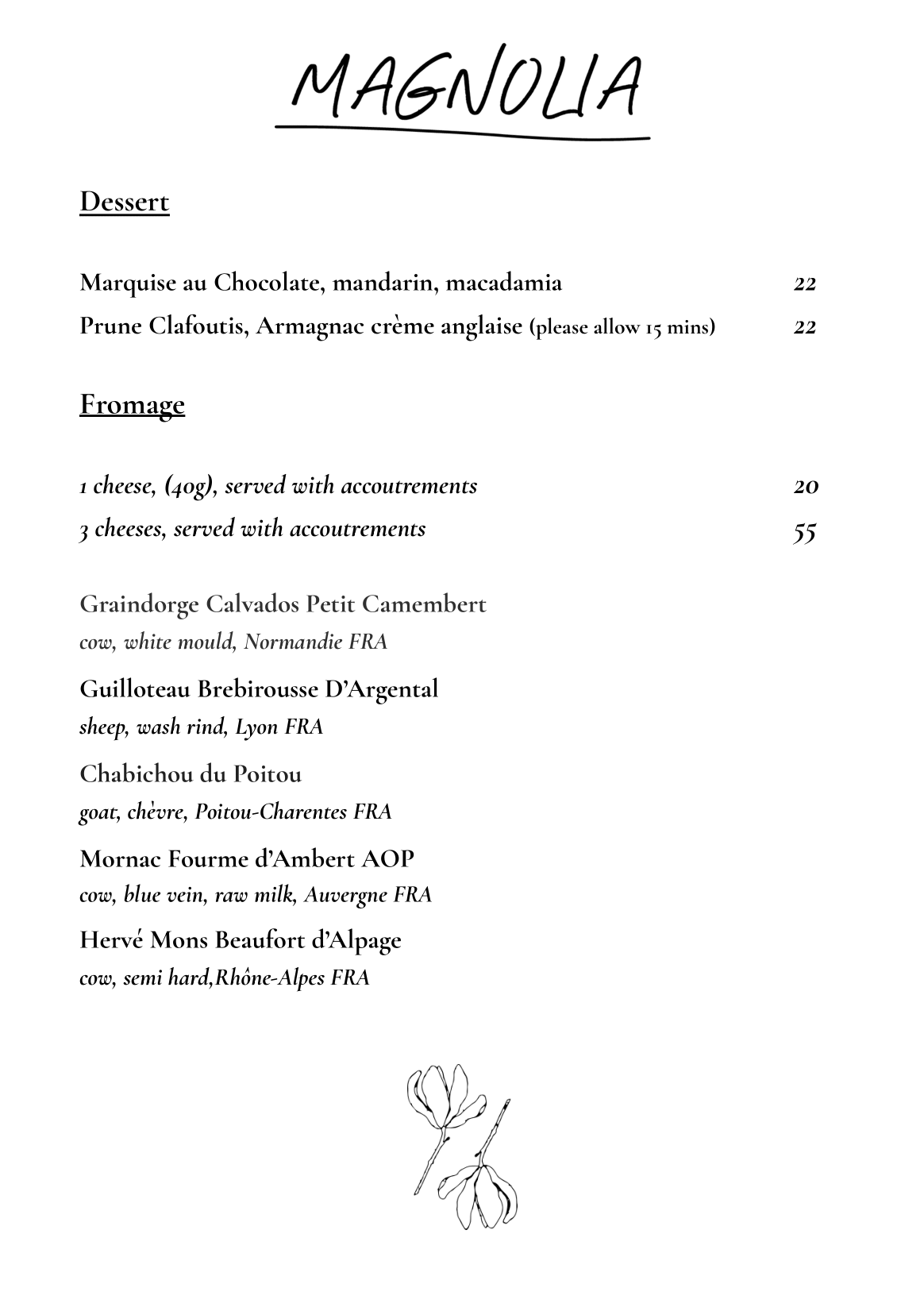 Food menu — Magnolia