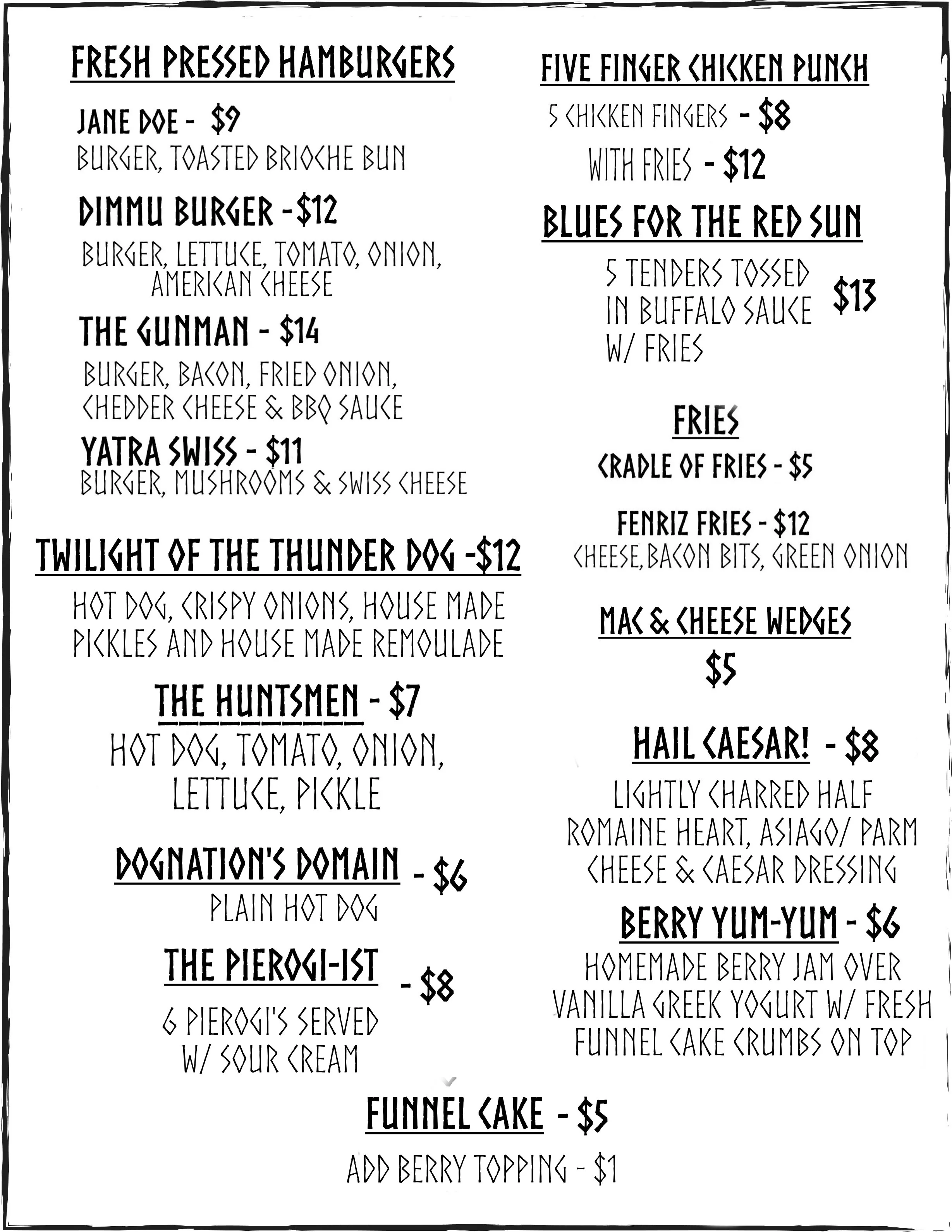 Hammer and Horns menu — Brimming Horn