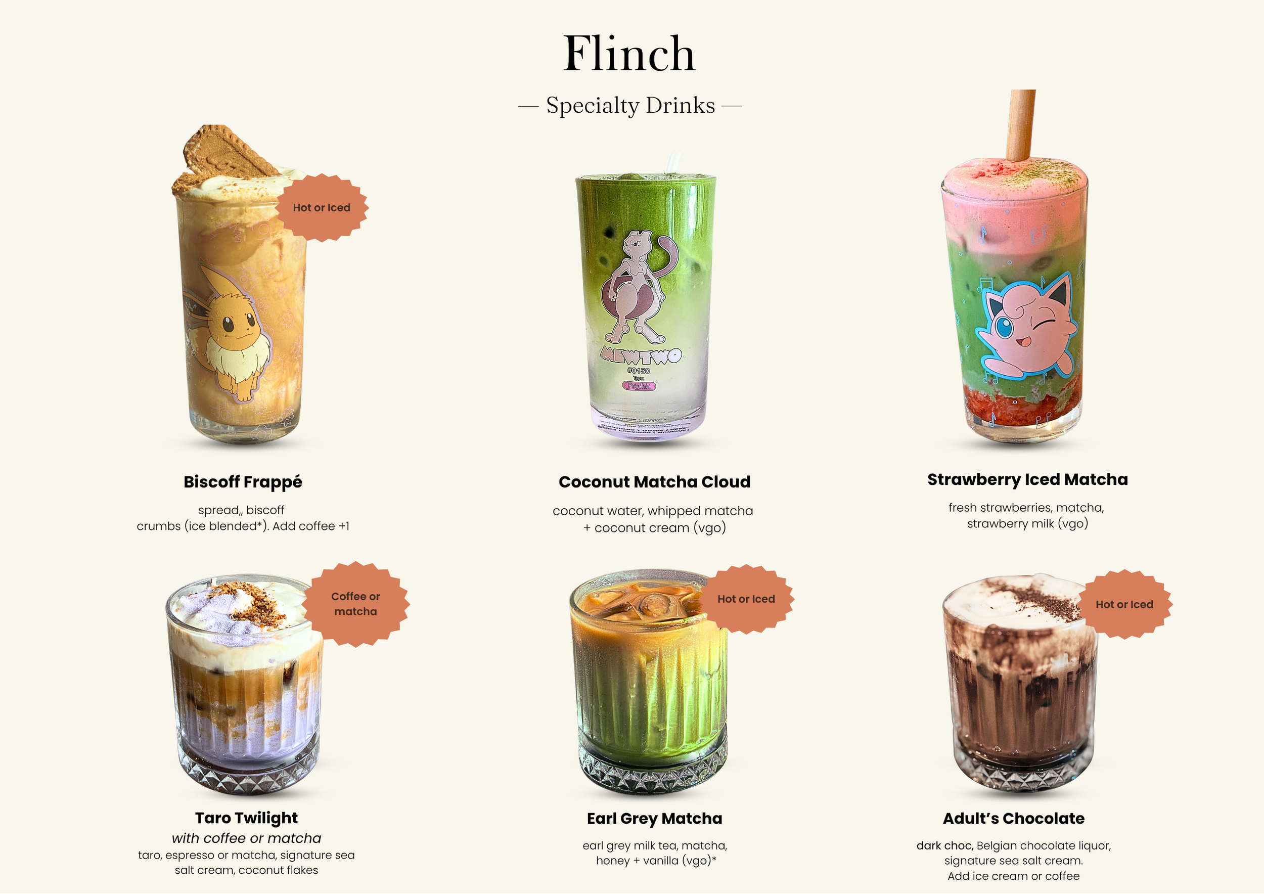 Flinch Coffee & Play Menu | Specialty Drinks, Soufflé Pancakes ...