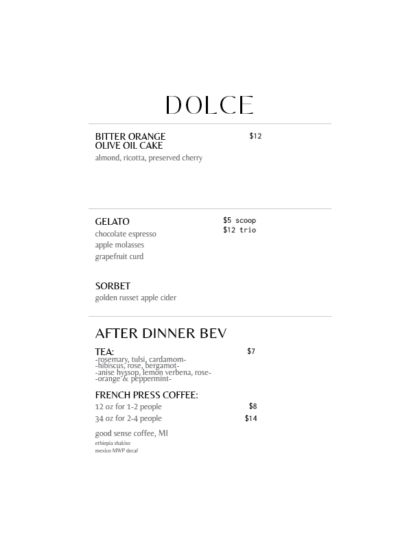 Menu 1 — Tiliani - Fine Coastal Italian Dining in Dearborn, Michigan