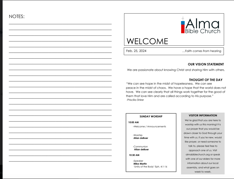 Bulletin — ALMA BIBLE CHURCH