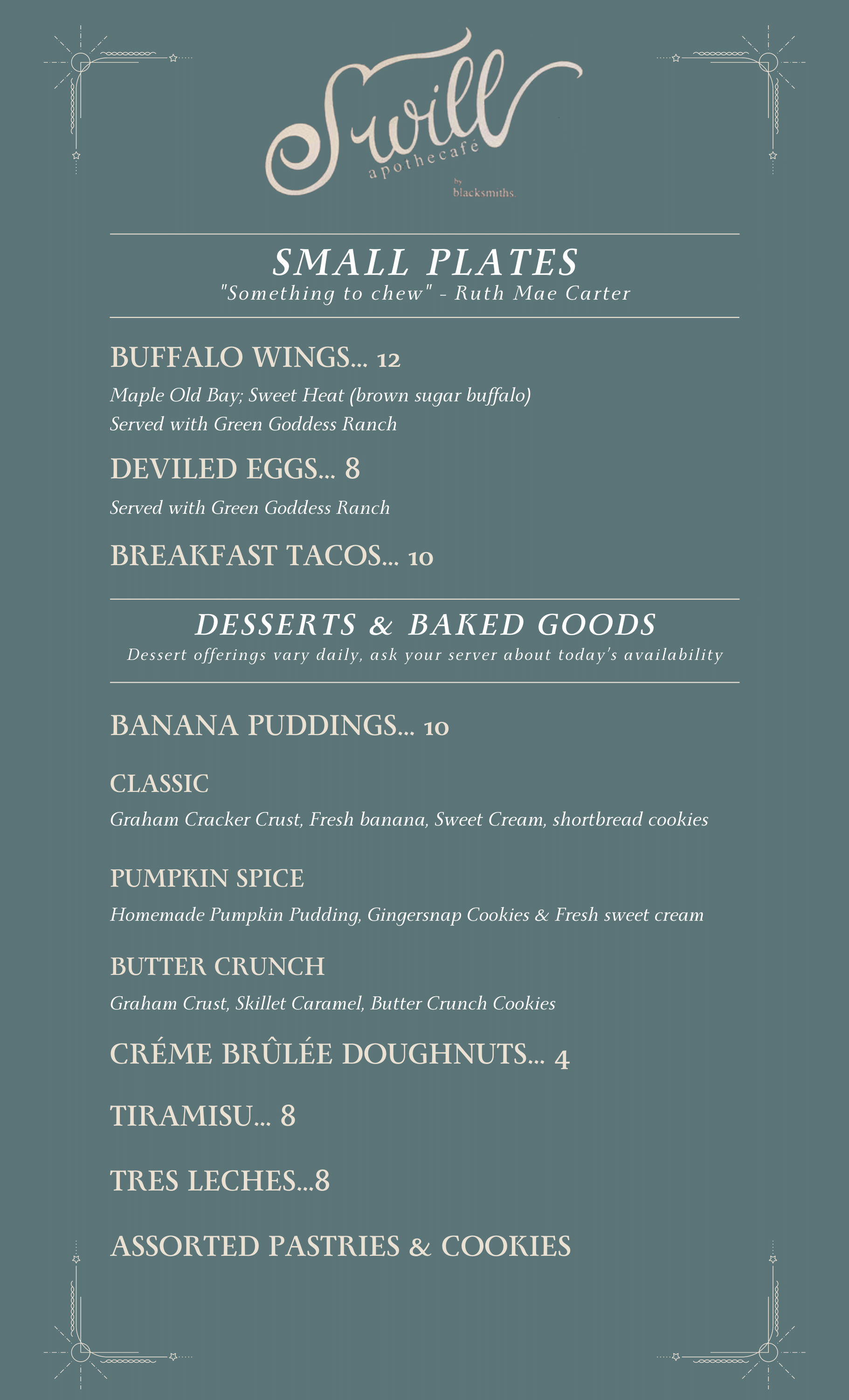 Menu — Swill by Blacksmiths