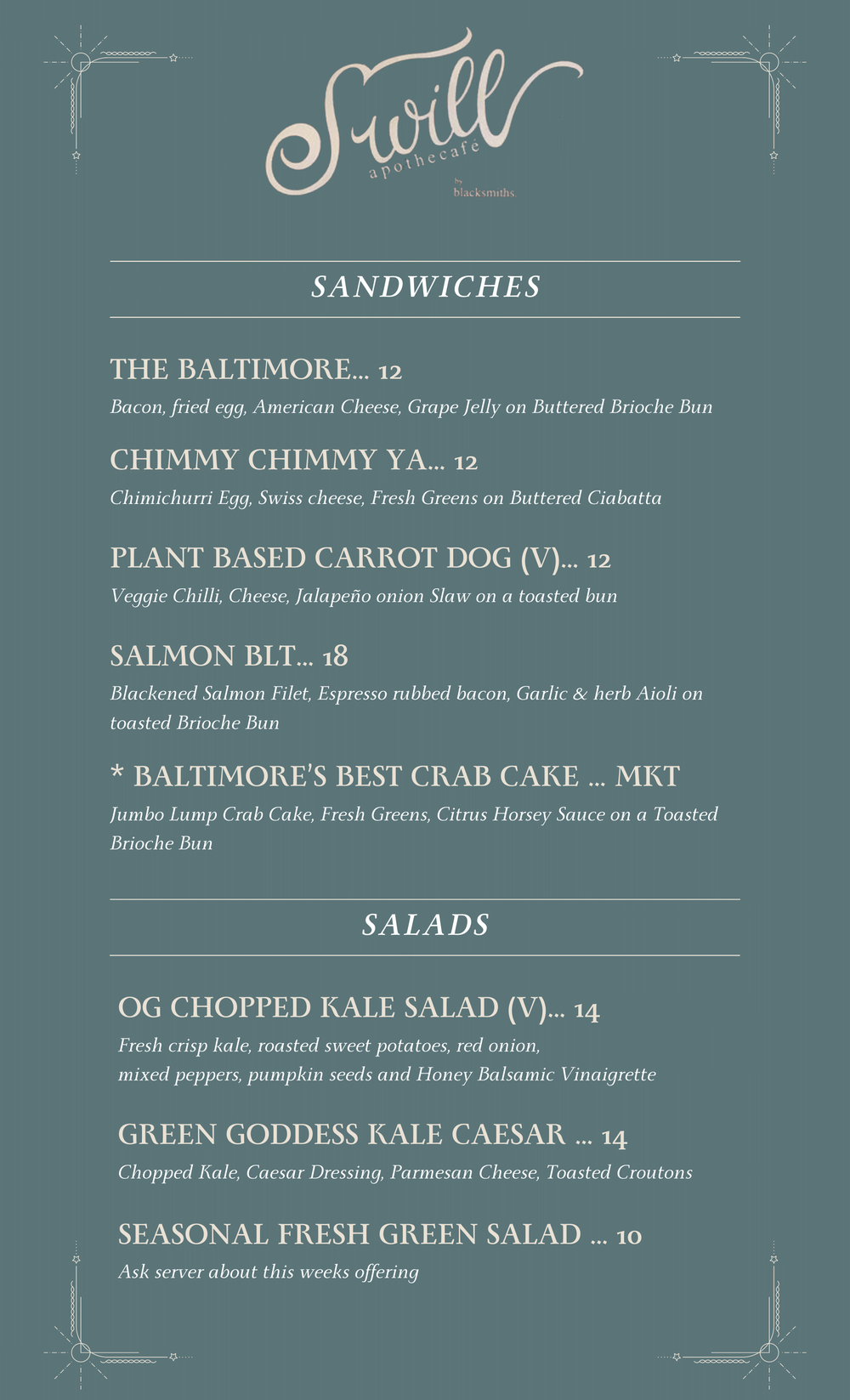 Menu — Swill by Blacksmiths