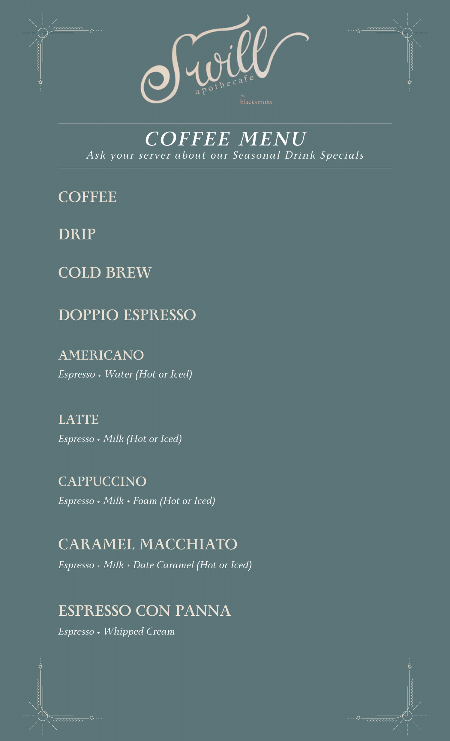 Menu — Swill by Blacksmiths