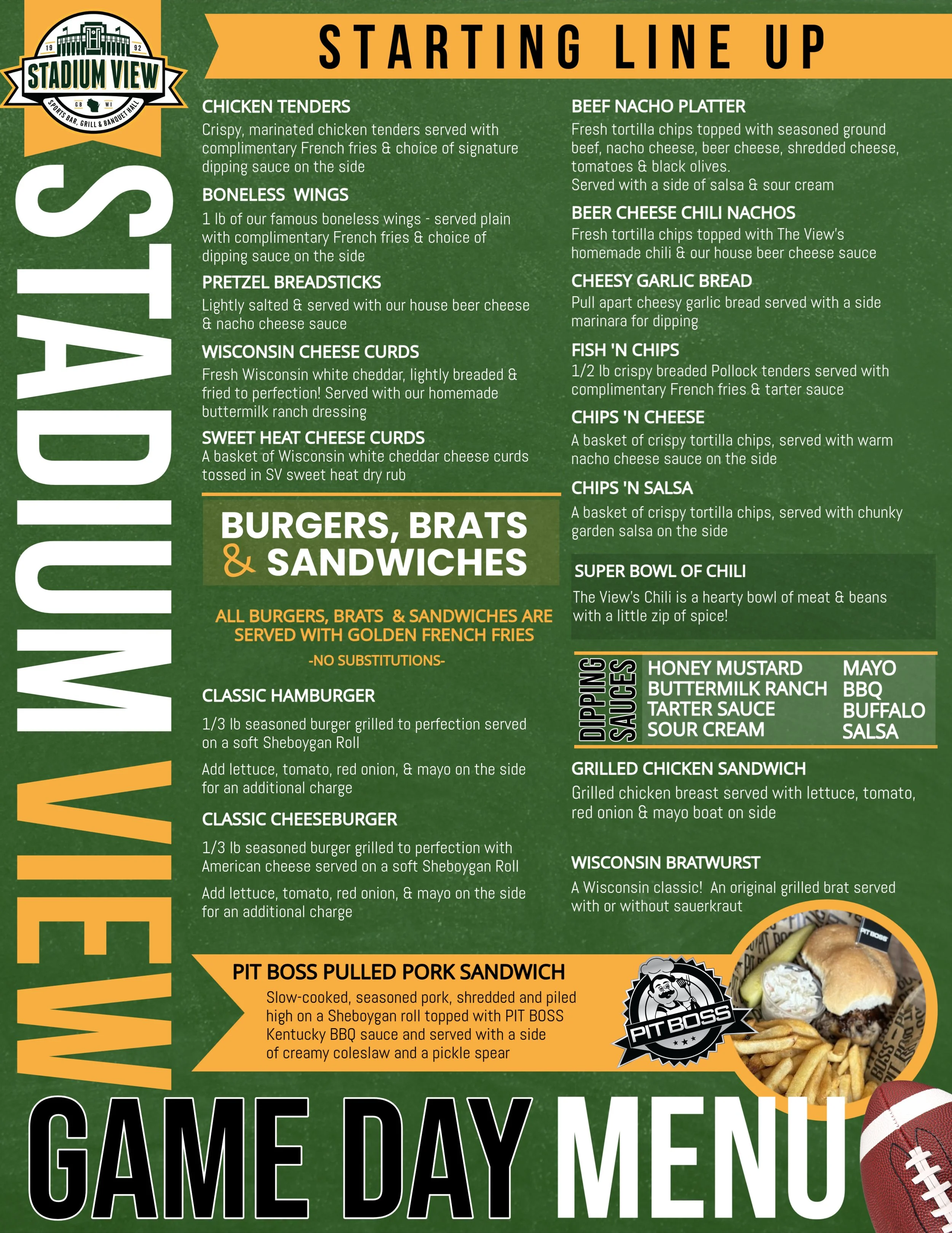 GAME DAY MENU — Stadium View Sports Bar, Restaurant, & Event Halls
