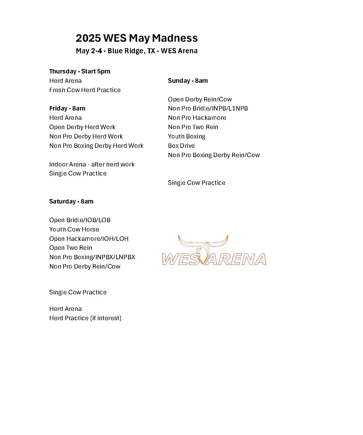 Event Schedule — Western Equine Sports Arena