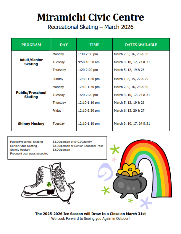 Public Skating Schedule — City of Miramichi