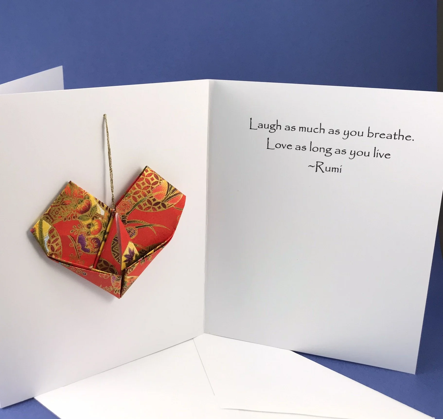 Origami paper heart ornament and greeting card with Rumi quotes about ...