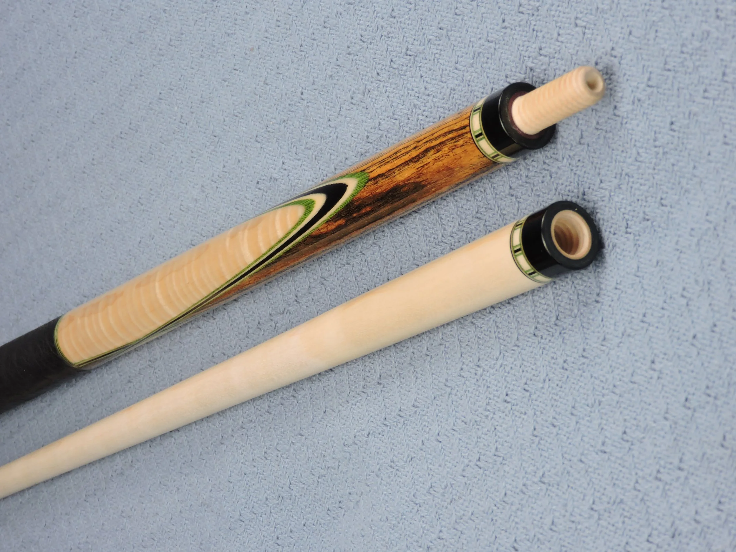 Bird's-eye Maple over Cocobolo with bull leather wrap — Mariposa Cues