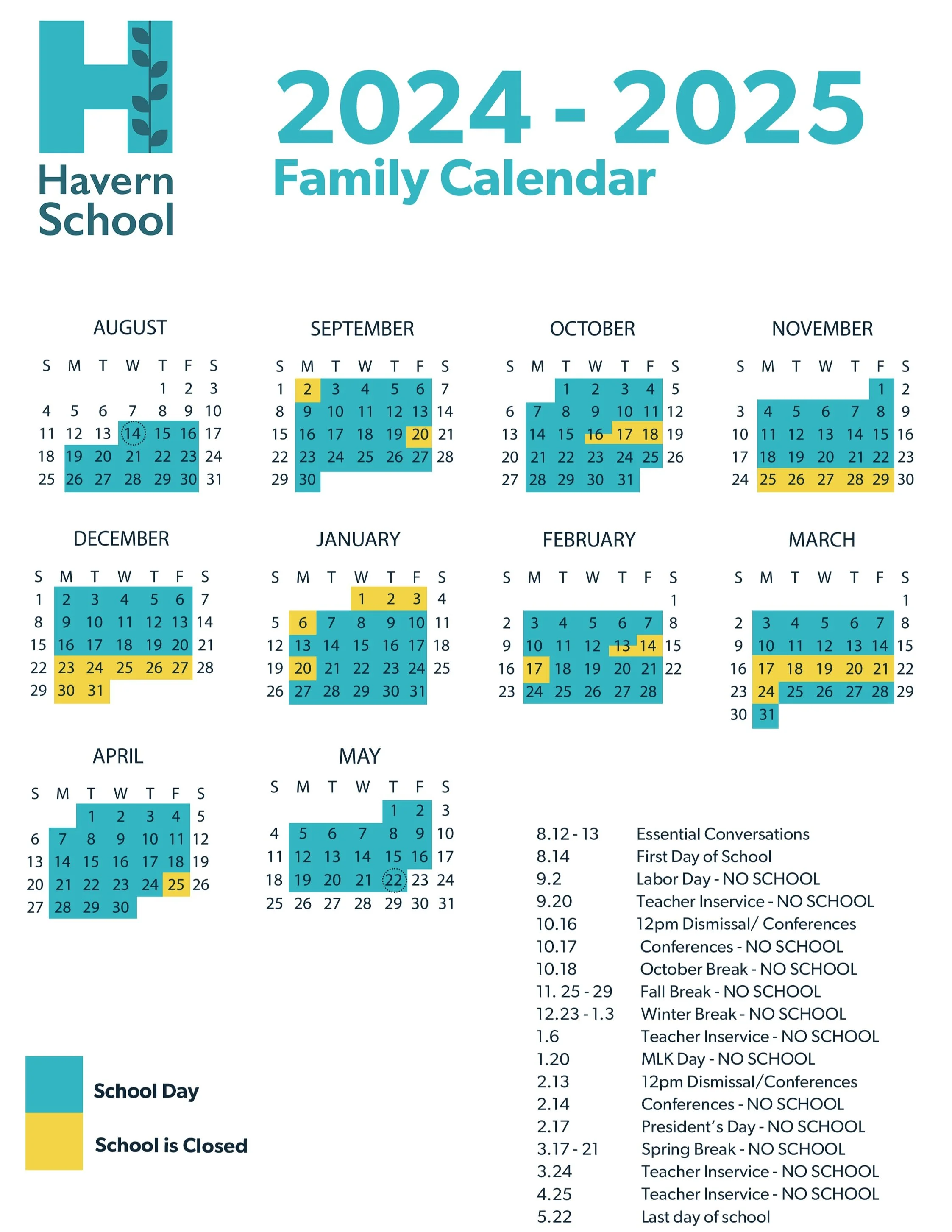 2024 - 2025 FAMILY CALENDAR — Havern School