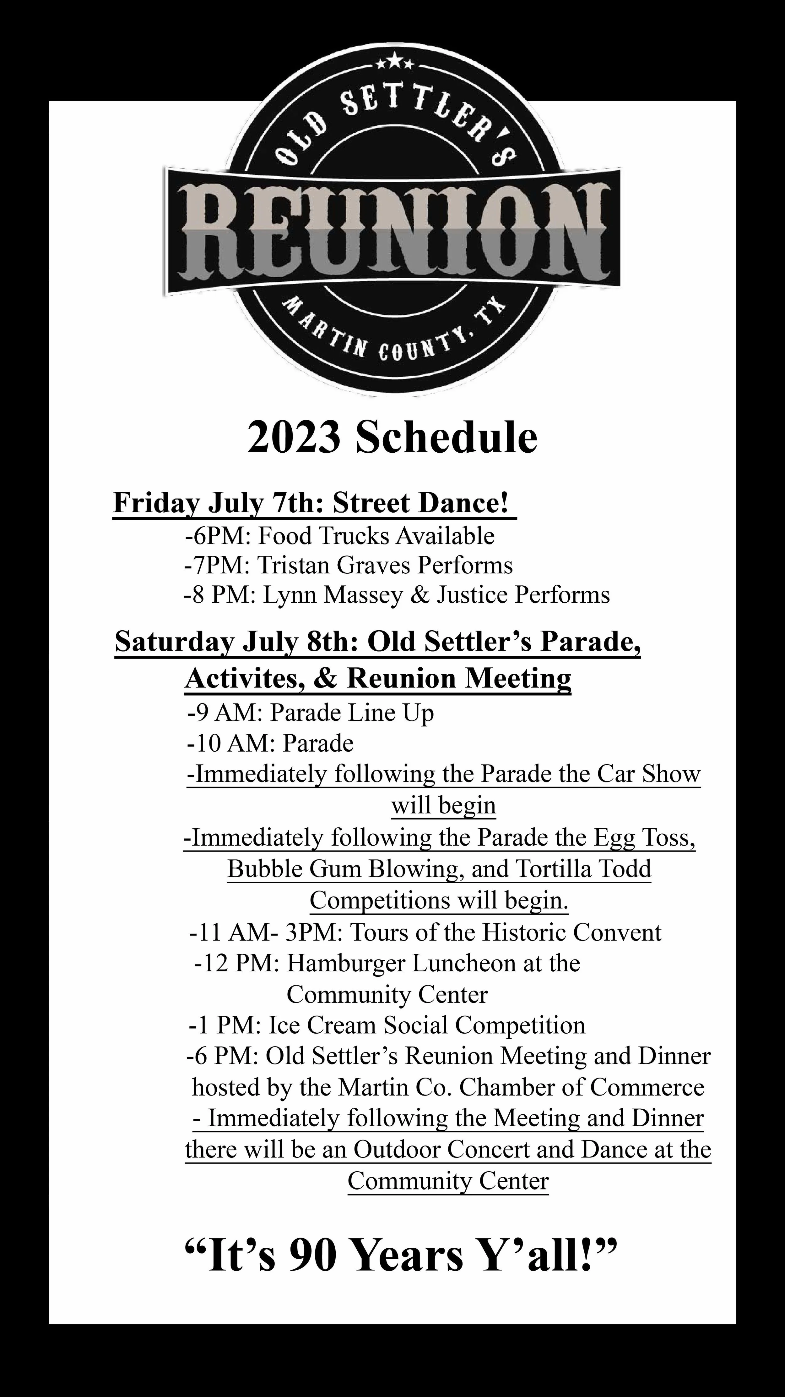 Schedule of Events — Old Settler's Reunion