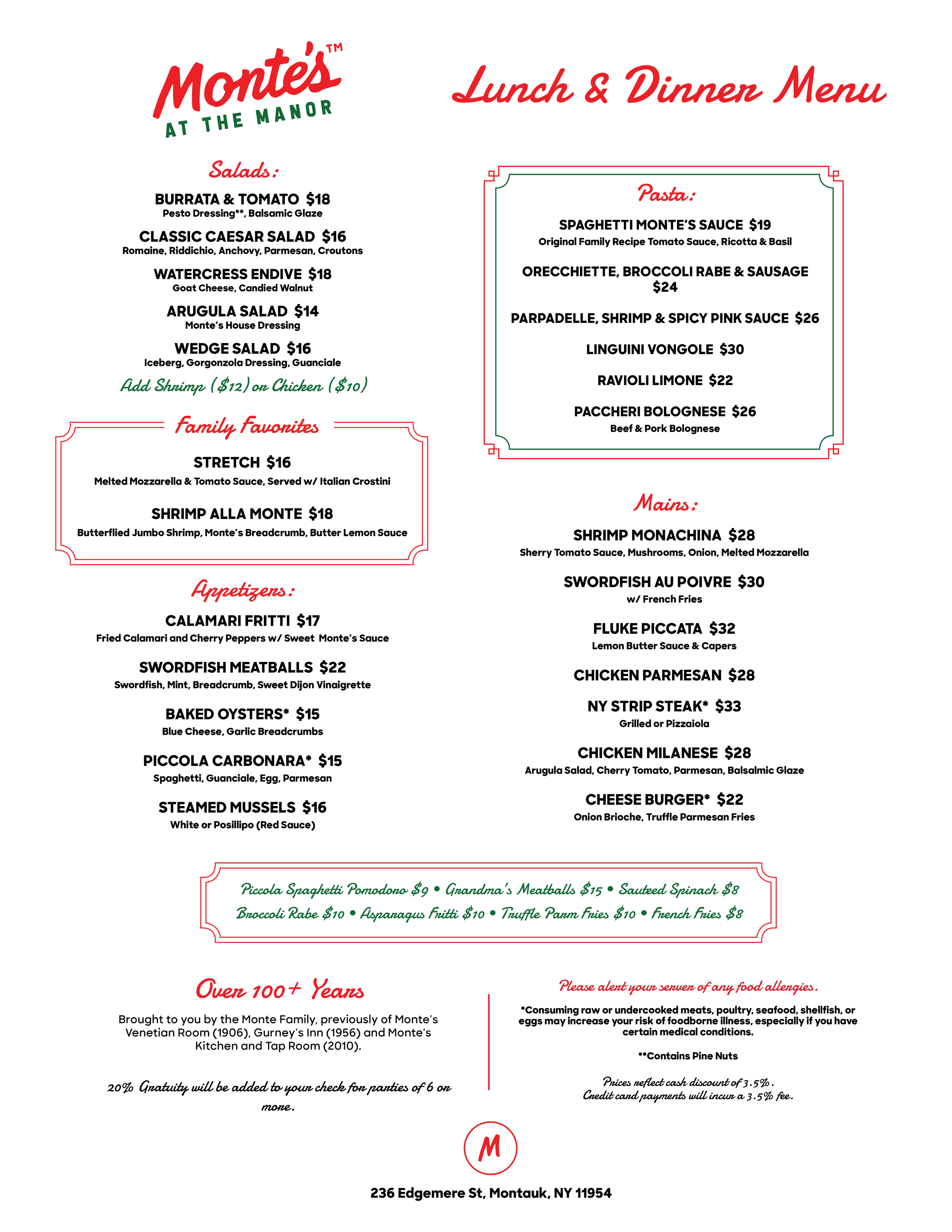 Dinner Menu — Montes at the Manor