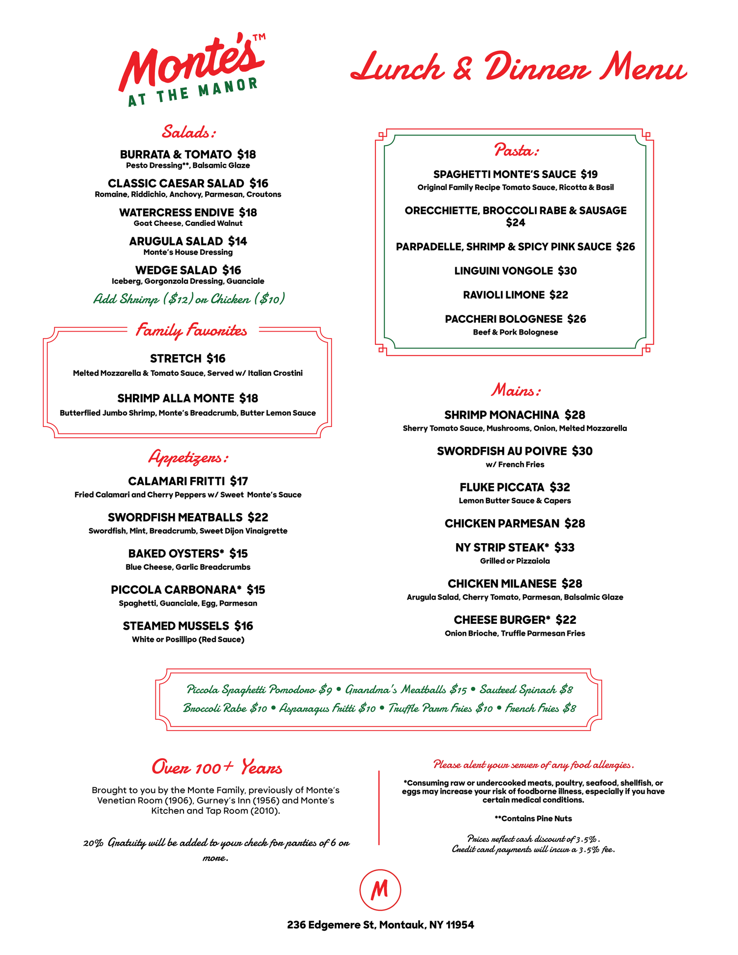 Dinner Menu — Montes at the Manor