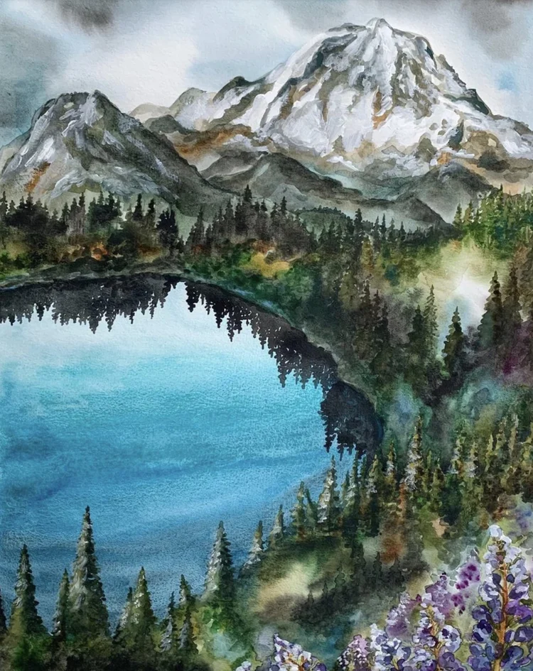 Mount Rainier National Park Watercolor Art Print - Golden Hour — Kendra ...