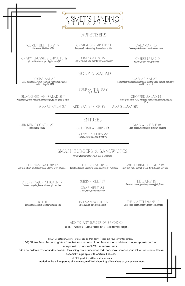 Menus — Kismet's Landing