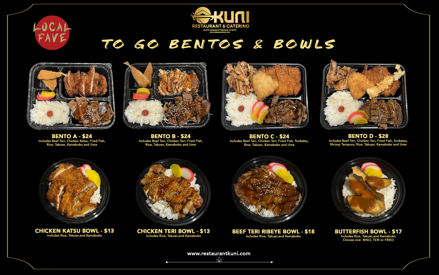 TO GO BENTOS & BOWLS — KUNI RESTAURANT & CATERING
