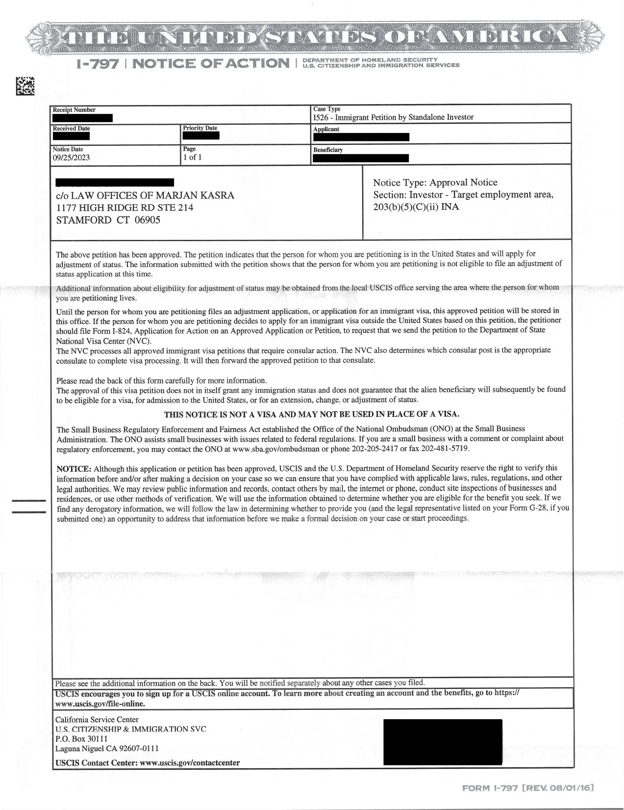 Immigrant Petition By Standalone Investor (EB-5 Approval Notice) — LAWMAKS