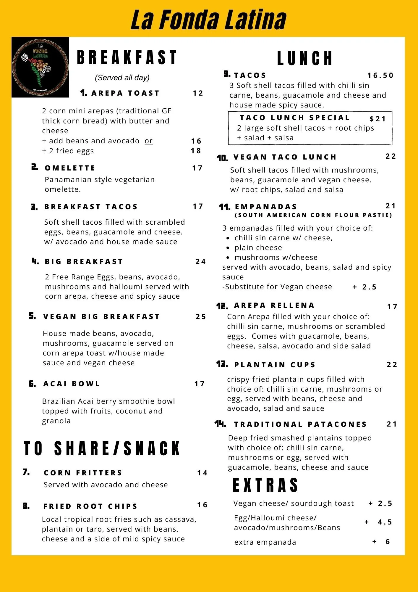 Menu — La Fonda Latina - Authentic Latin American Cuisine, Kuranda QLD